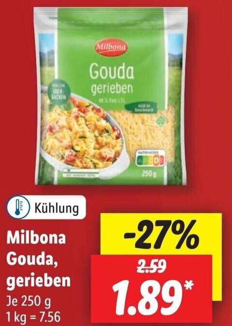 Milbona Gouda, gerieben 250 g Angebot bei Lidl
