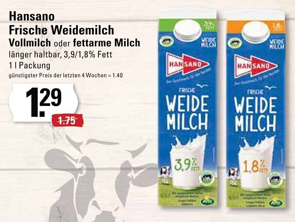 Hansano Frische Weidemilch Vollmilch oder fettarme Milch 1L Angebot bei ...