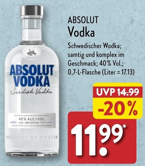 ABSOLUT Vodka 0,7 L Flasche Angebot bei Aldi Nord