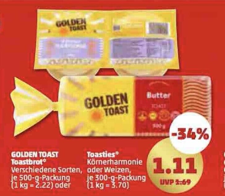 GOLDEN TOAST Toastbrot je 300-g-Packung Angebot bei PENNY