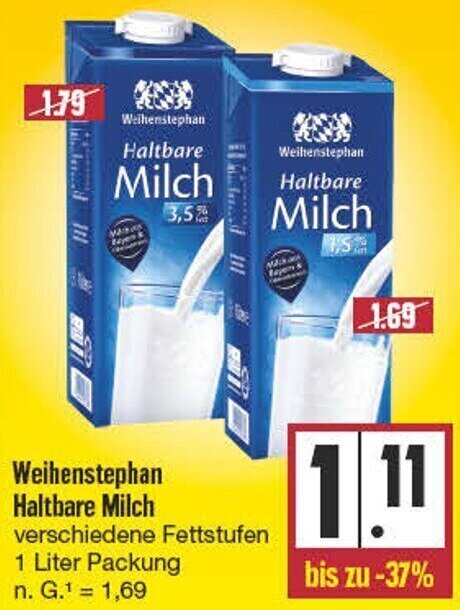 Weihenstephan Haltbare Milch 1 Liter Packung Angebot bei Edeka