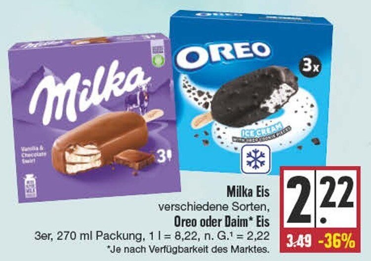 Milka Eis, Oreo oder Daim Eis 270 ml Packung Angebot bei Edeka