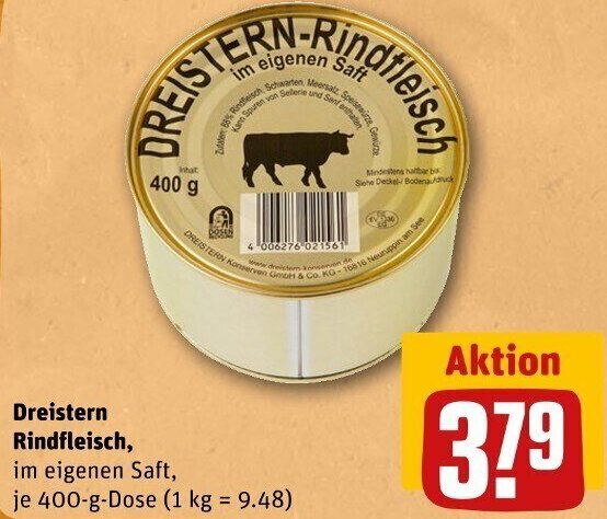 Dreistern Rindfleisch 400 g Dose Angebot bei REWE