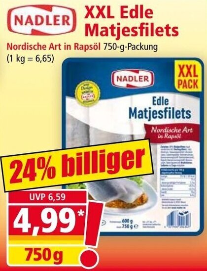 NADLER XXL Edle Matjesfilets 750 g Packung Angebot bei Norma