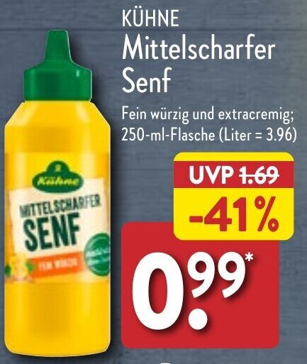 KÜHNE Mittelscharfer Senf 250 ml Flasche Angebot bei Aldi Nord