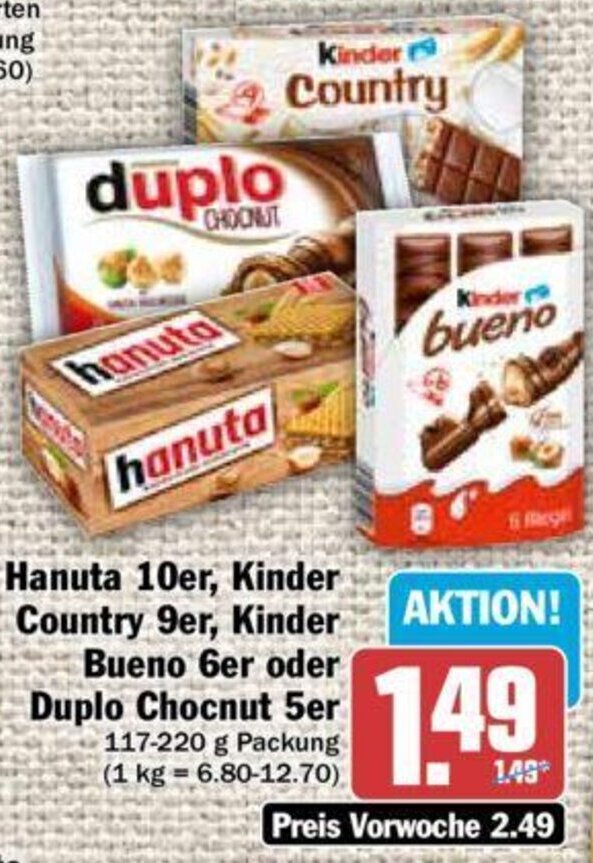 Hanuta 10er, Kinder Country 9er, Kinder Bueno 6er oder Duplo Chocnut ...