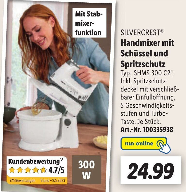 SILVERCRESTⓇ Handmixer mit Schüssel und Spritzschutz ,,SHMS 300 C2 ...