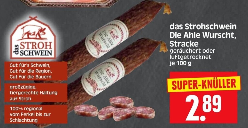 das STROH SCHWEIN Die Ahle Wurscht, Stracke 100g Angebot bei Edeka Herkules