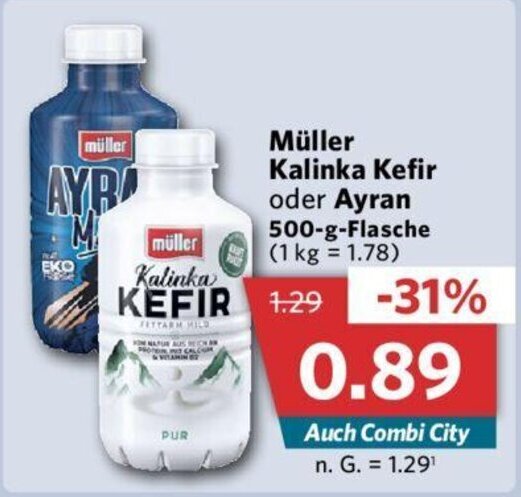 Müller Kalinka Kefir oder Ayran 500-g-Flasche Angebot bei Combi