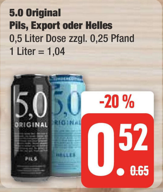 5.0 Original Pils, Export oder Helles 0,5 L Angebot bei Edeka
