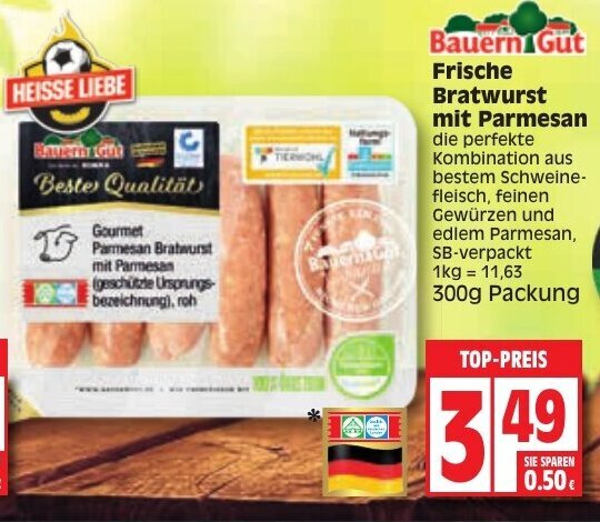 Bauern Gut Frische Bratwurst mit Parmesan 300g Angebot bei Edeka