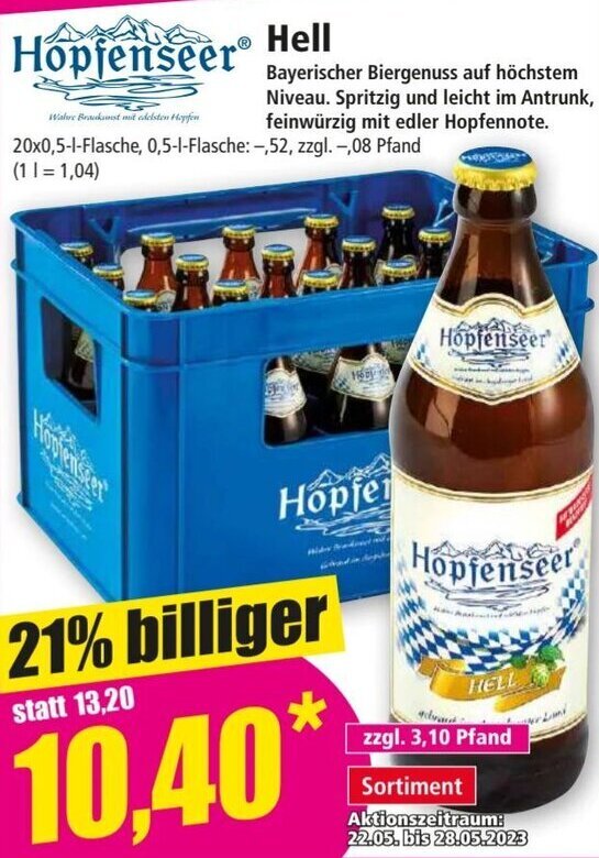 Hopfenseer Hell 20x0,5 L Flasche Angebot bei Norma
