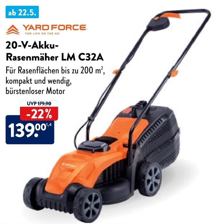 YARD FORCE 20-V-Akku Rasenmäher LM C32A Angebot bei Aldi Nord