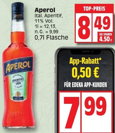Aperol ital. Aperitif 0,7 L Flasche Angebot bei Edeka