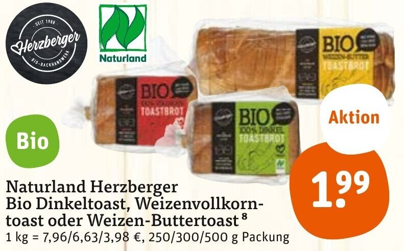 Naturland Herzberger Bio Dinkeltoast, Weizenvollkorn-toast oder Weizen ...