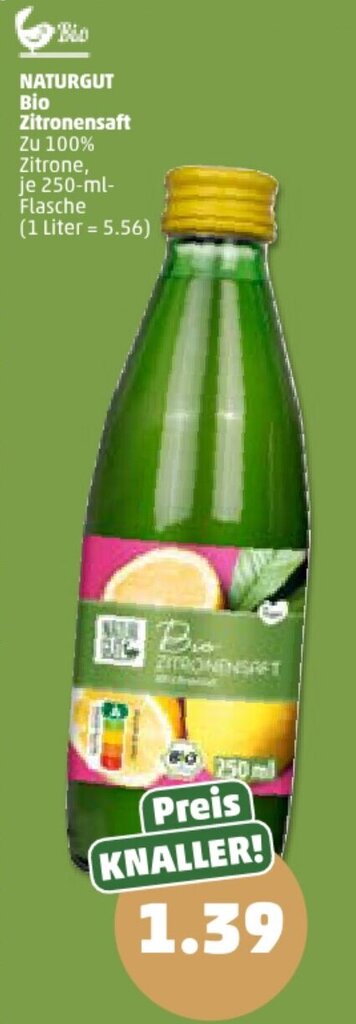 NATURGUT Bio Zitronensaft je 250-ml-Flasche Angebot bei PENNY