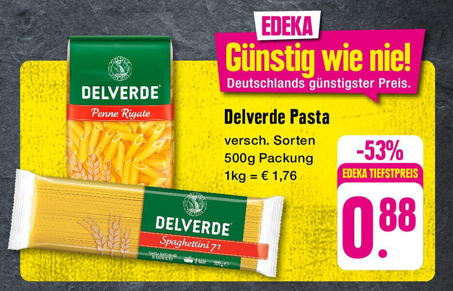 Delverde Pasta versch. Sorten 500g Packung 1kg = € 1,76 Angebot bei Edeka