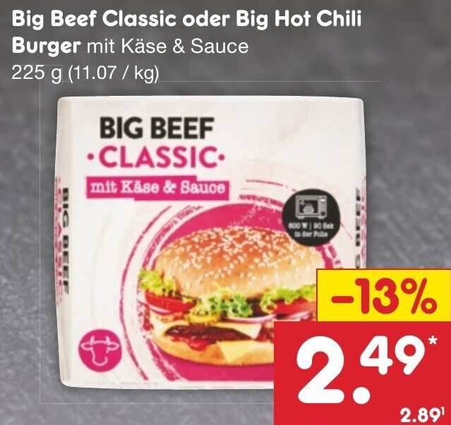 Big Beef Classic oder Big Hot Chili Burger mit Käse & Sauce 225 g ...
