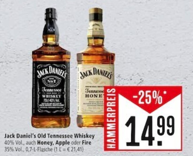 Jack Daniel's Old Tennessee Whiskey 40% Vol., auch Honey, Apple oder ...