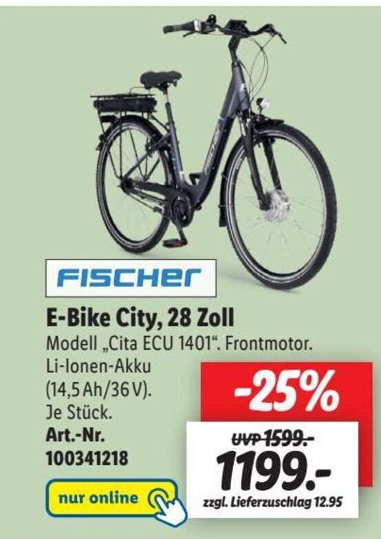 FISCHER E-Bike City, 28 Zoll Modell ,,Cita ECU 1401". Frontmotor. Angebot bei Lidl