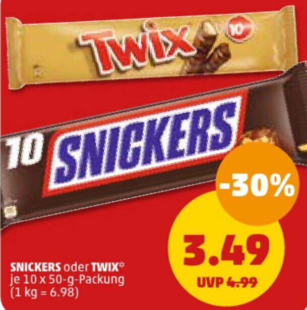 SNICKERS oder TWIX 10 x 50-g-Packung Angebot bei PENNY