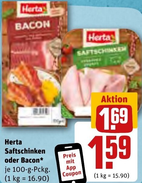 Herta Saftschinken oder Bacon 100-g-Pckg. Angebot bei REWE