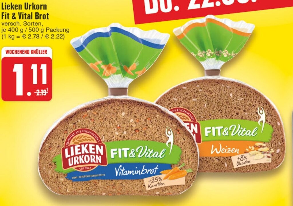 Lieken Urkorn Fit & Vital Brot 400 g/500 g Packung Angebot bei EDEKA Vogl