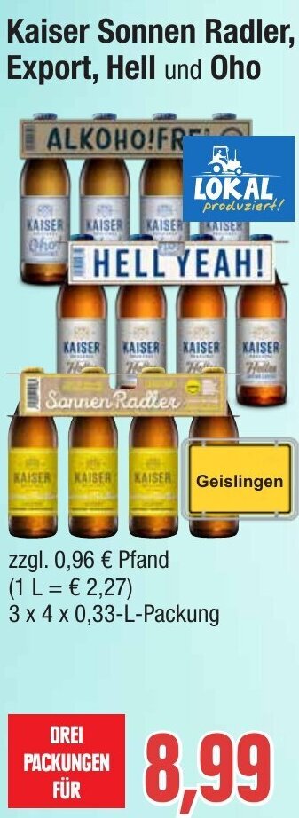 Kaiser Sonnen Radler, Export, Hell und Oho 3 x 4 x 0,33-L-Packung Angebot bei Gebauer's