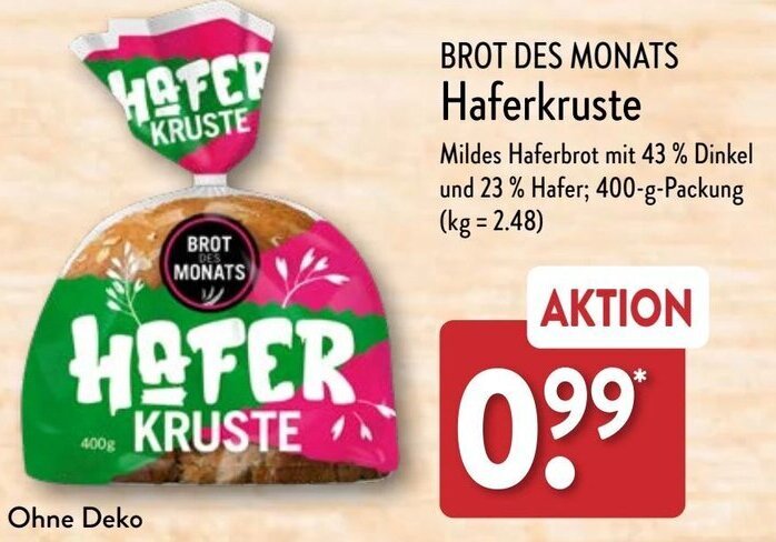 BROT DES MONATS Haferkruste 400 g Packung Angebot bei Aldi Nord