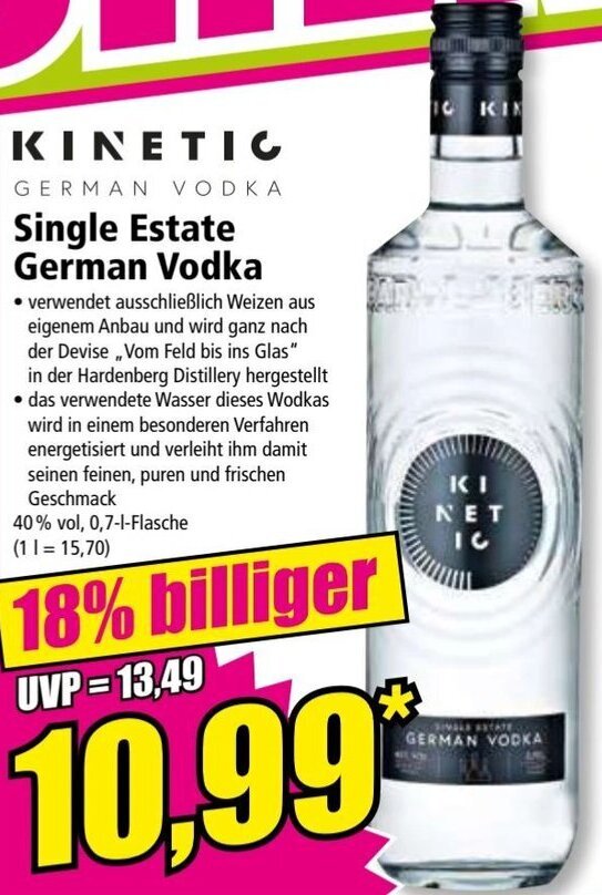 KINETIC Single Estate German Vodka 0,7 L Flasche Angebot bei Norma