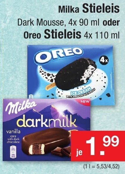 Milka Stieleis 4x 90 ml oder Oreo Stieleis 4x 110 ml Angebot bei Zimmermann