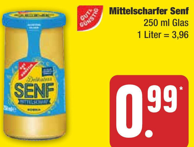 Gut & Günstig Mittelscharfer Senf 250 ml Glas Angebot bei Edeka