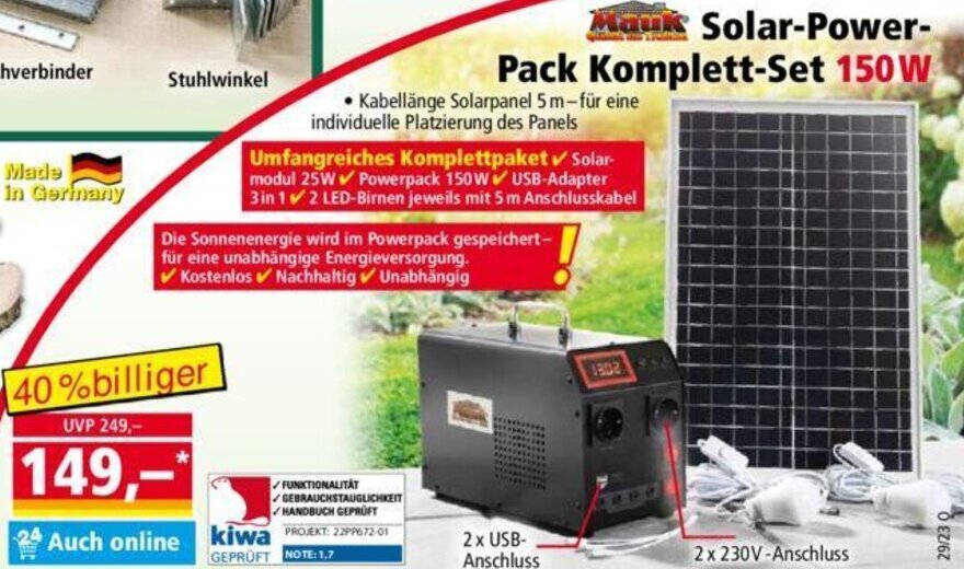 Mauk Solar Power Pack Komplett-Set 150W Angebot bei Norma