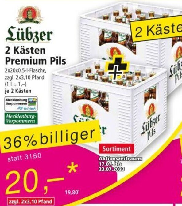 Lübzer 2 Kästen Premium Pils 2x20x0,5-L-Flasche Angebot bei Norma