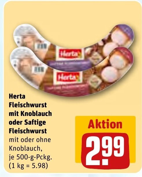 Herta Fleischwurst mit Knoblauch oder Saftige Fleischwurst 500-g-Pckg ...