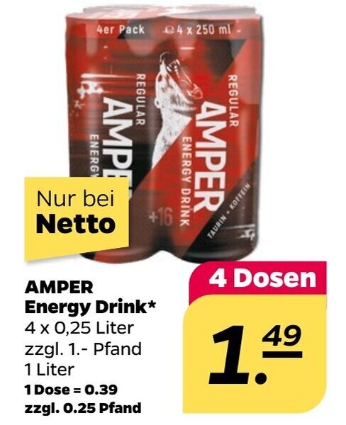 AMPER Energy Drink* 4 x 0,25 Liter Angebot bei NETTO