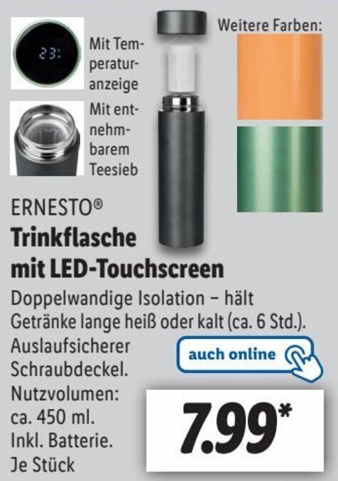 ERNESTOⓇ Trinkflasche mit LED-Touchscreen Angebot bei Lidl