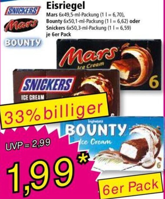 Snickers, Mars, Bounty Eisriegel 6er Pack Angebot bei Norma