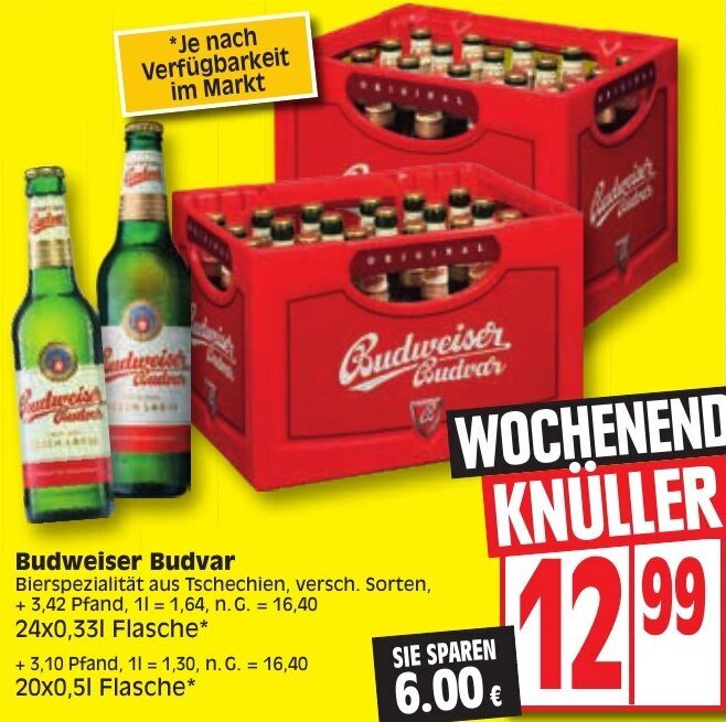 Budweiser Budvar 24x0,33 L/20x0,5 L Flasche Angebot bei Edeka