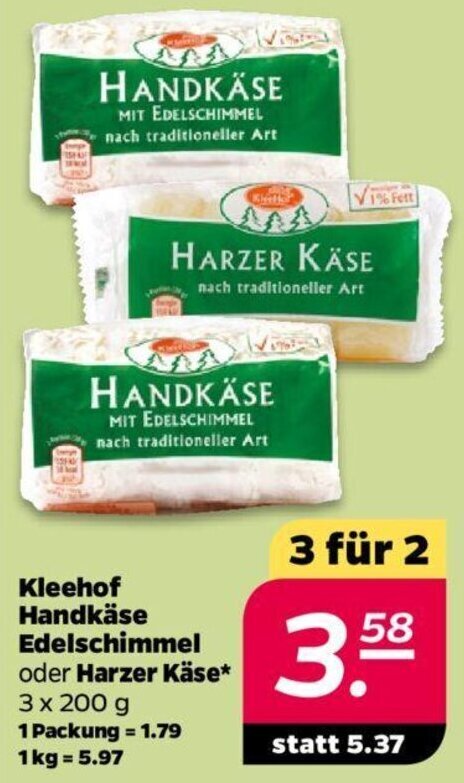 Kleehof Handkäse Edelschimmel oder Harzer Käse* 3 x 200 g Angebot bei NETTO