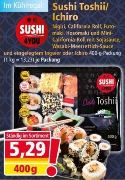 SUSHI 4 YOU Sushi Toshii/ Ichiro 400 g Packung Angebot bei Norma