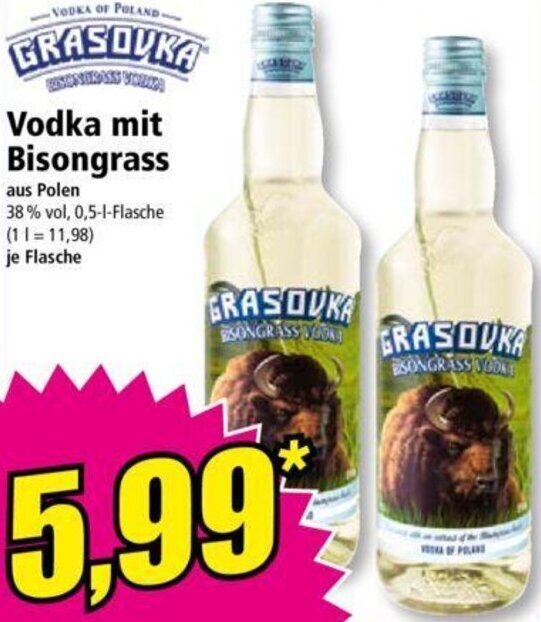 Grasovka Vodka mit Bisongrass 0,5 L Flasche Angebot bei Norma