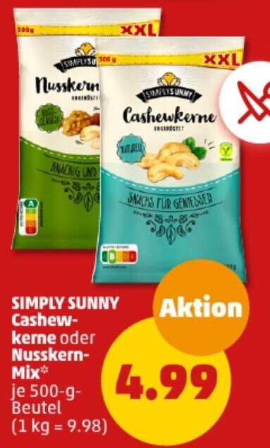 SIMPLY SUNNY Cashew-kerne oder Nusskern-Mix 500-g-Beutel Angebot bei PENNY