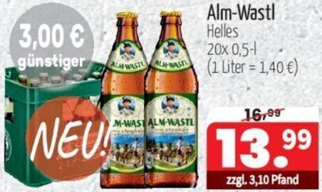 Alm-Wastl Helles 20x 0,5-L Angebot bei Getränke Quelle