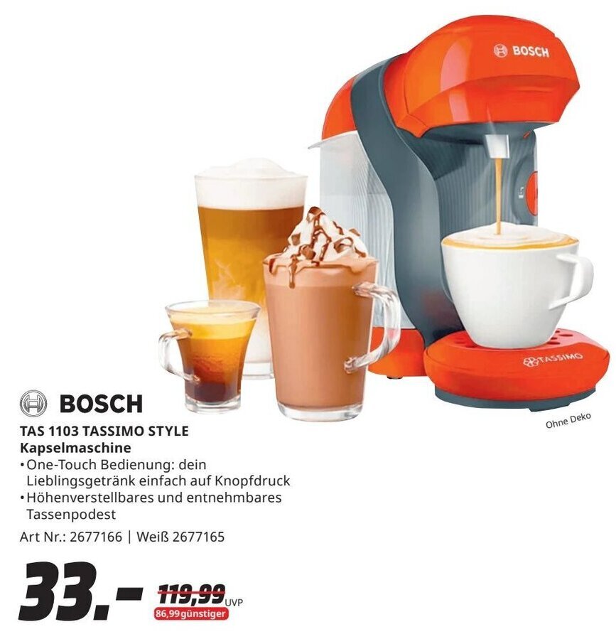 BOSCH TAS 1103 TASSIMO STYLE Kapselmaschine Angebot bei MediaMarkt
