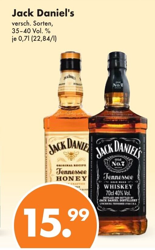 Jack Daniel's versch. Sorten, 35-40 Vol. % je 0,7l Angebot bei Trink ...