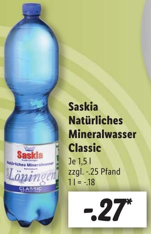 Saskia Natürliches Mineralwasser Classic 1,5 L Angebot bei Lidl