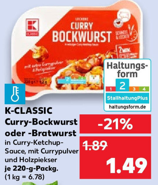 K-CLASSIC Curry-Bockwurst oder Bratwurst 220 g Packg. Angebot bei Kaufland
