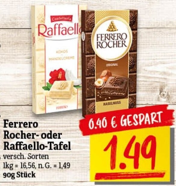 Ferrero Rocher- oder Raffaello-Tafel 90g Stück Angebot bei nah & gut