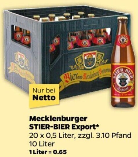 Mecklenburger STIER-BIER Export 20 x 0,5 Liter Angebot bei NETTO